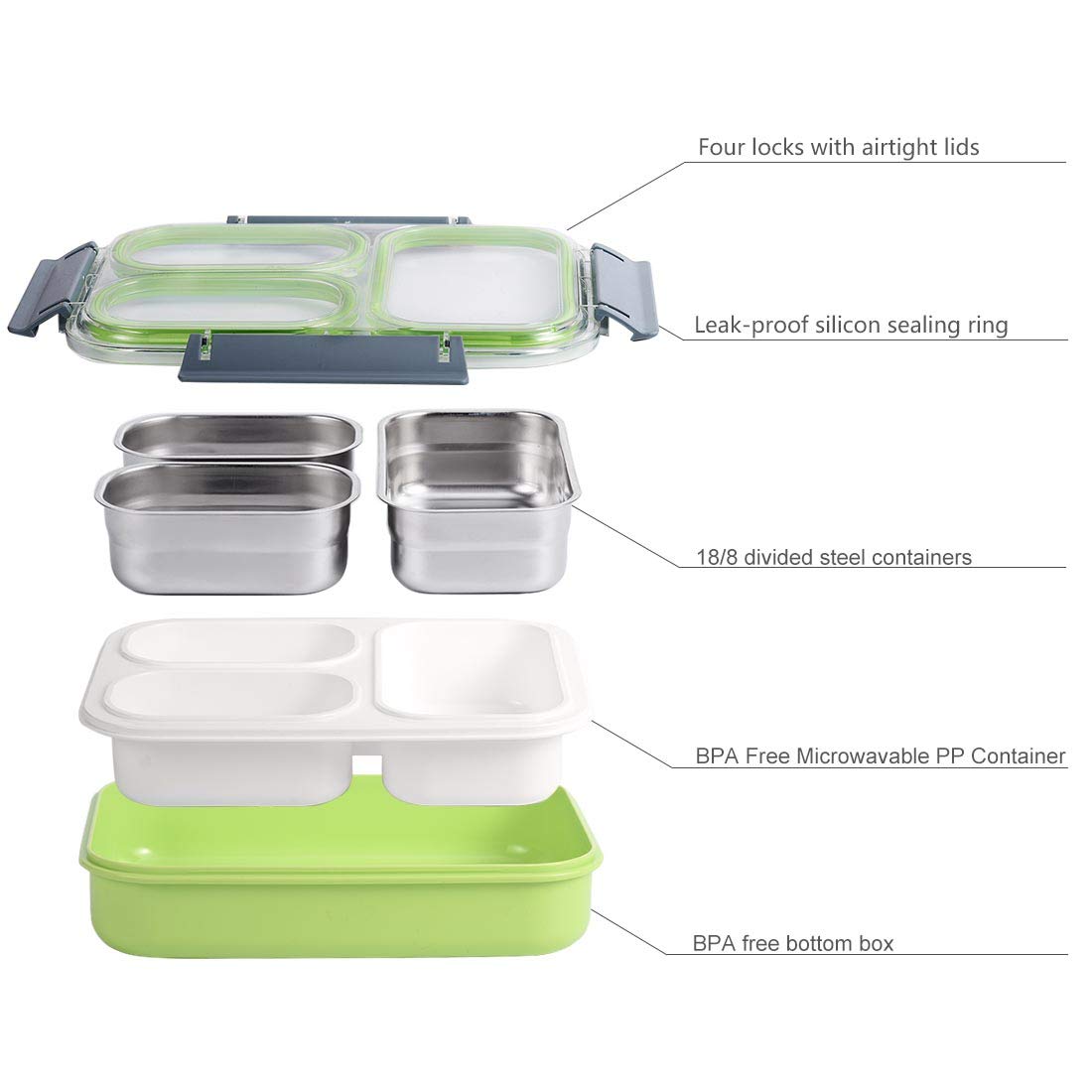 3 Compartments Divided Stainless Steel Lunch Box Containers,Leakproof ...