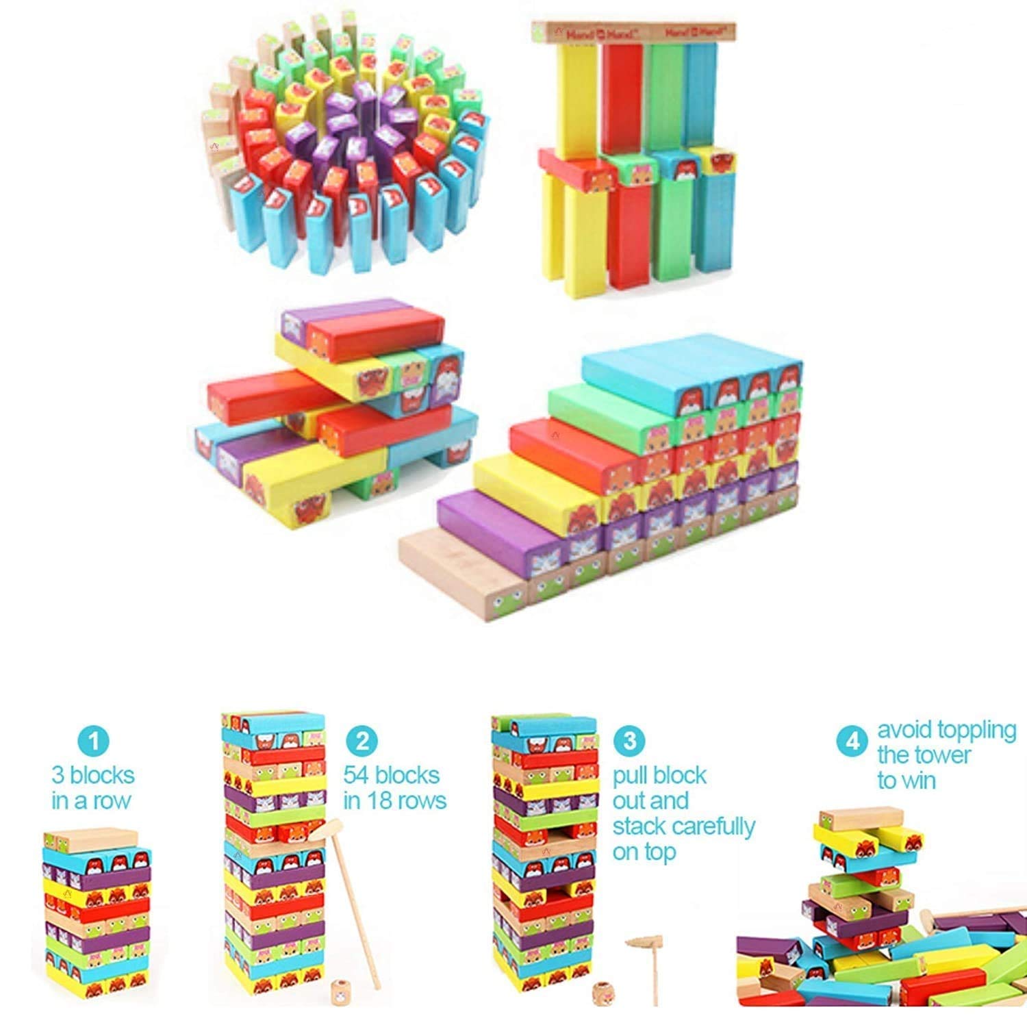 54 Pcs 4 Dice Challenging Wooden Blocks Tumbling Stacking Block Game(A ...