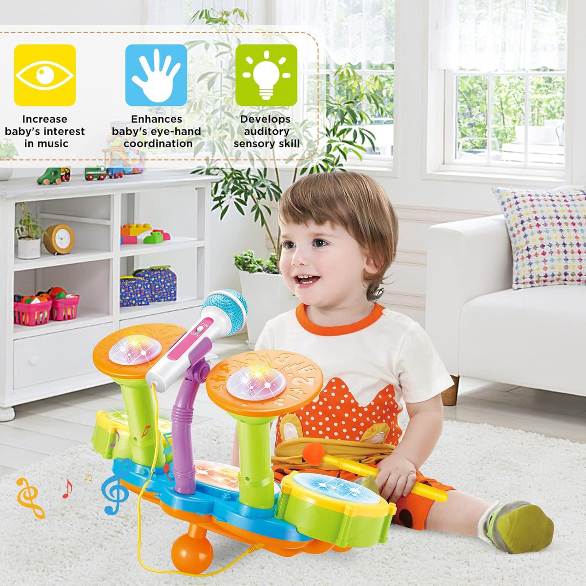 Percussion Set for Beginners, with 3 Drums and Microphone | NECY6002B ...