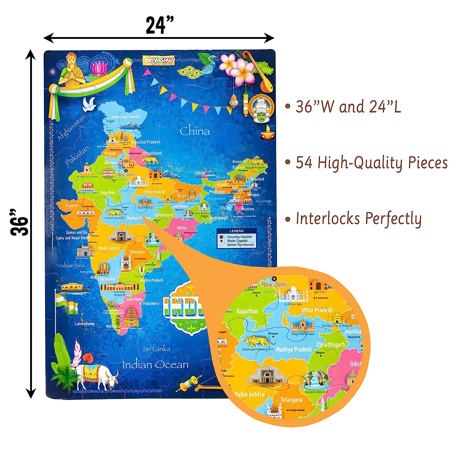 Map of India & States Premium Giant Cardboard Floor Puzzle 36 Inches x ...